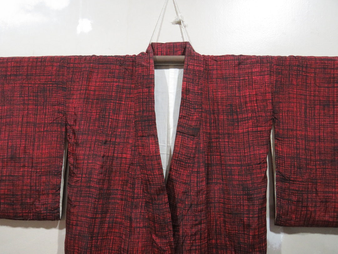 Vintage Japanese Kimono Red Black Color Square Pattern Kimono Robe ...