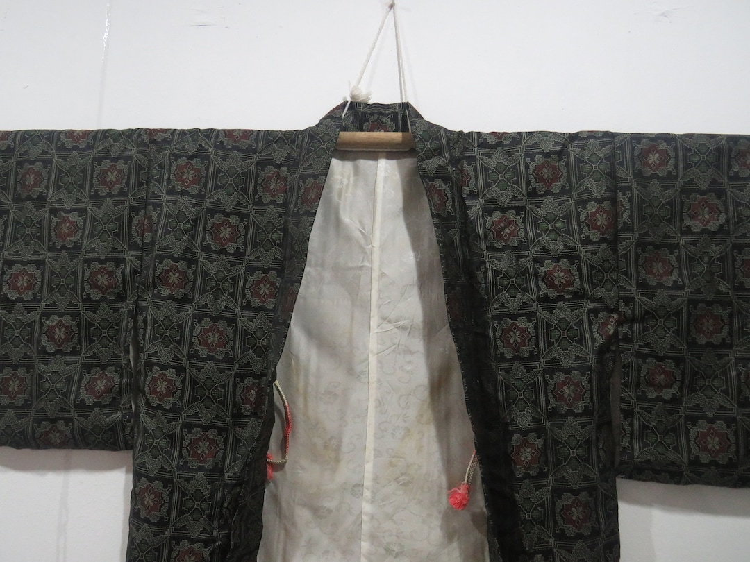 Vintage Japanese Jacket Haori Black Color Abstract Pattern Kimono Robe ...