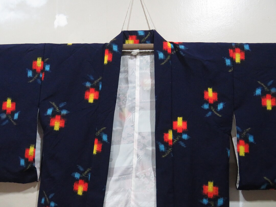 Vintage Japanese Jacket Haori Navy Blue Color Flower Pattern Kimono ...