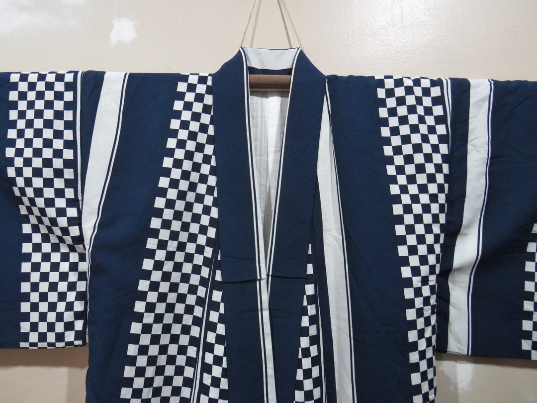 Vintage Japanese Kimono Dark Blue and White Color Line and Square ...