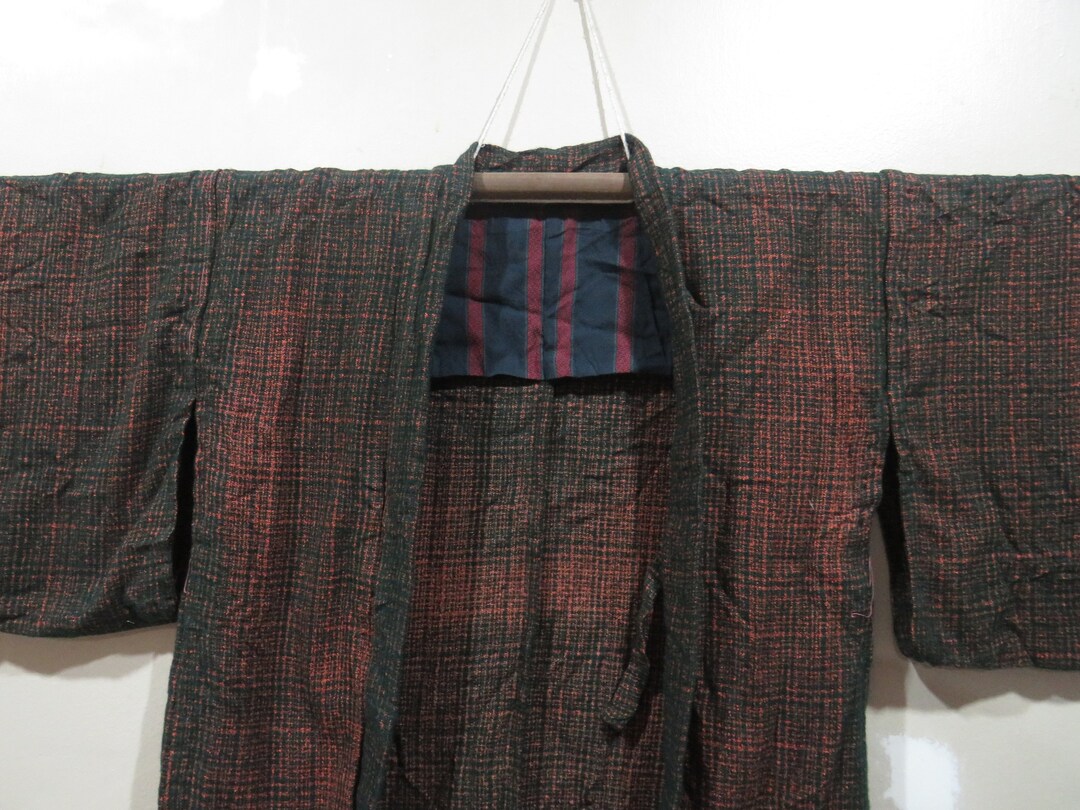 Vintage Japanese Jacket Haori Dark Green and Orange Color Square ...