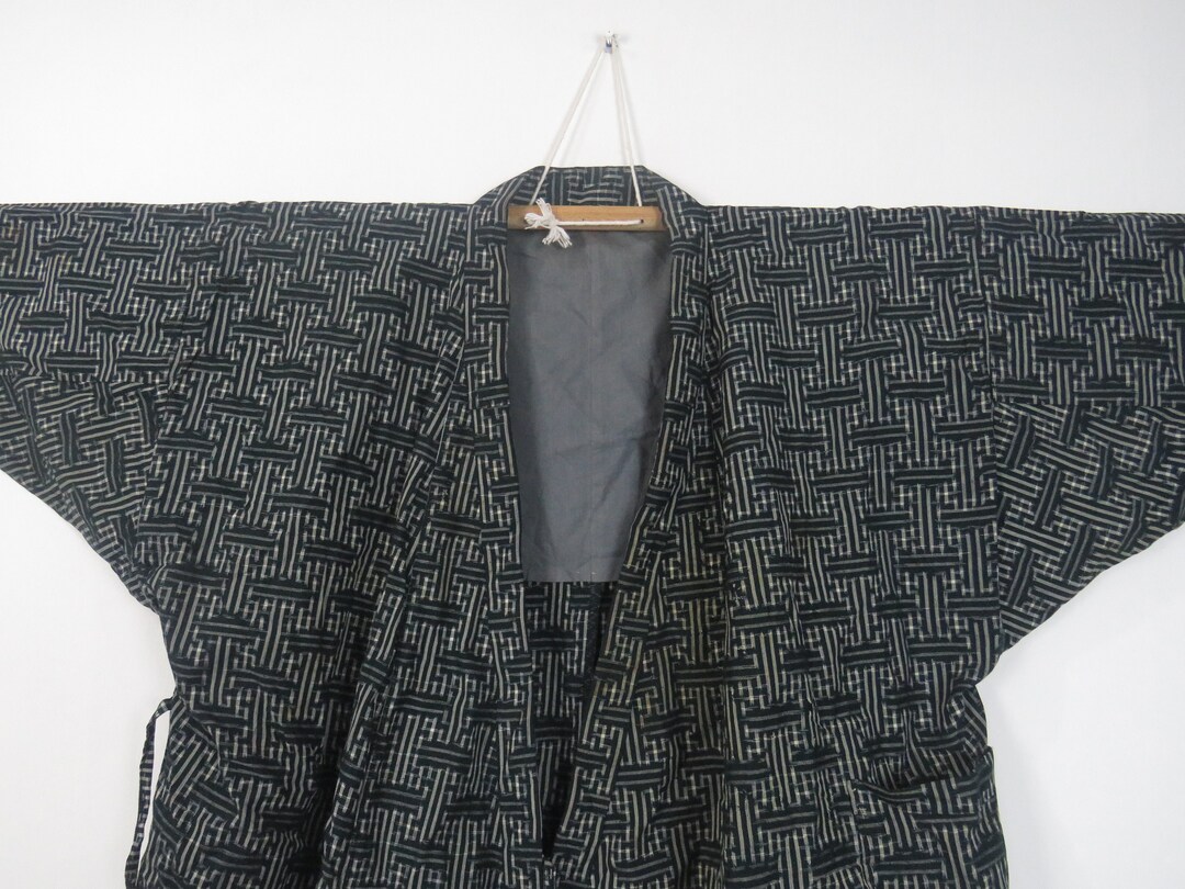 Vintage Japanese Jacket Haori Green Color Line Pattern Kimono Robe ...
