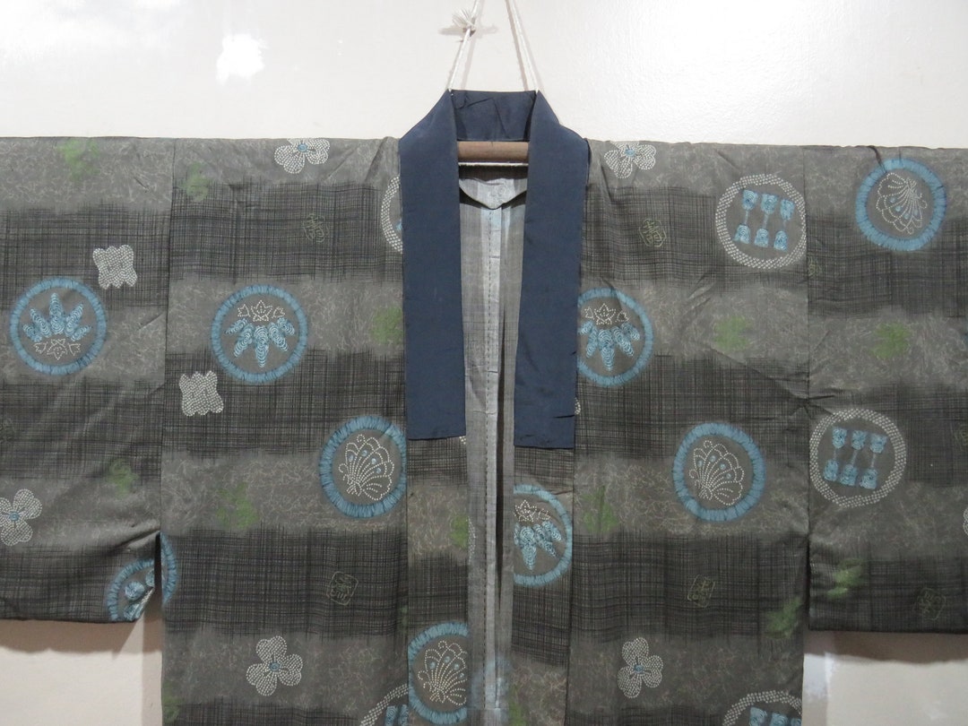 Vintage Japanese Cotton Yukata Grey Black Color Abstract Pattern Kimono ...
