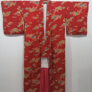 Vintage Japanese Kimono Red Color Flower Pattern Kimono Robe Nightwear ...