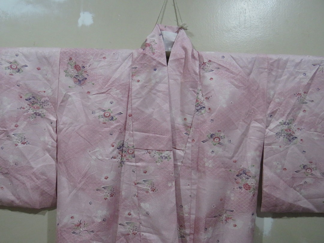 Vintage Japanese Kimono Pink Color Flower Pattern Kimono Robe Nightwear ...