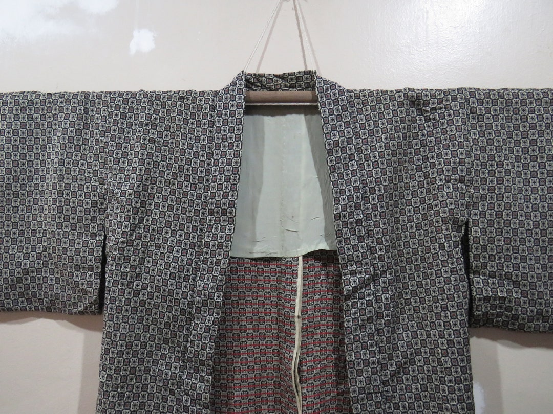 Vintage Japanese Jacket Haori White Black Color Abstract Pattern Kimono ...