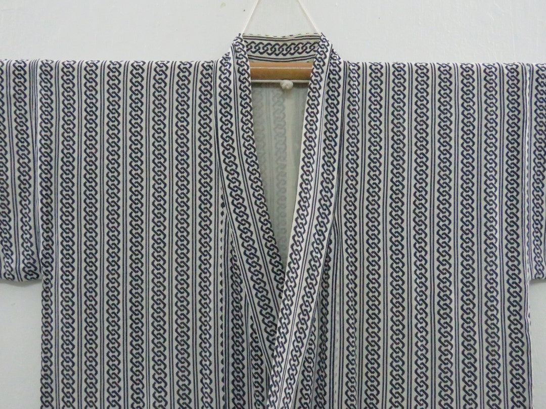 Vintage Japanese Cotton Yukata White and Grey Color Abstract Pattern ...