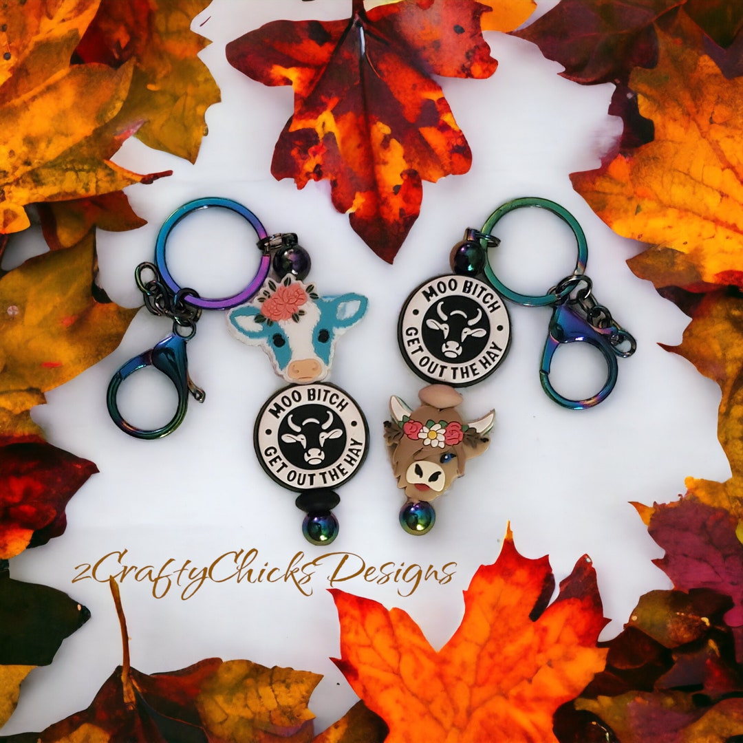 3 Inch Bar Keychain With Cute Cow and Heifer Beads and a Focal Bead ...