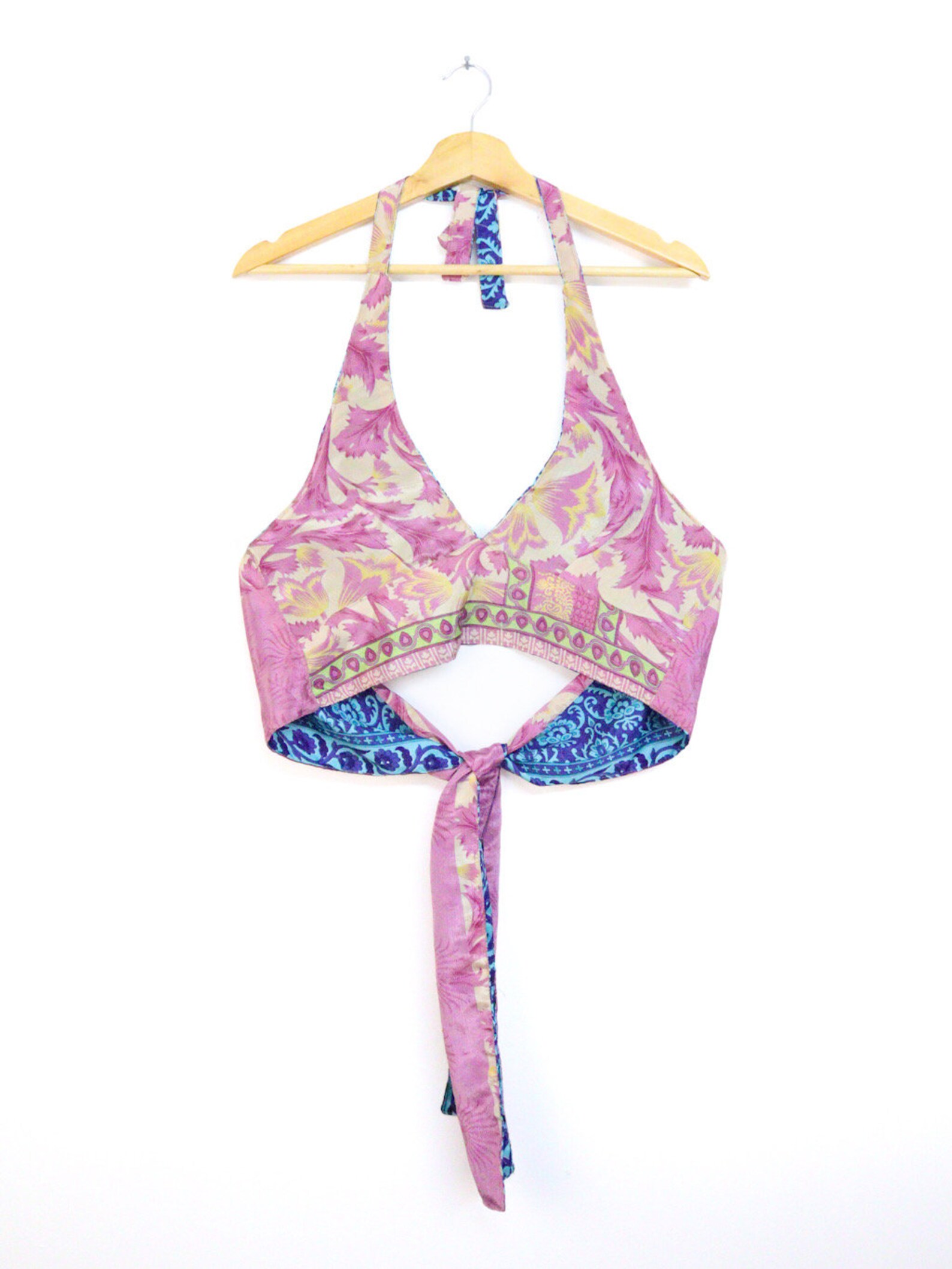 Reversible Cropped Halter Top Recycled Upcycled Sari Silk - Pink / Blue ...