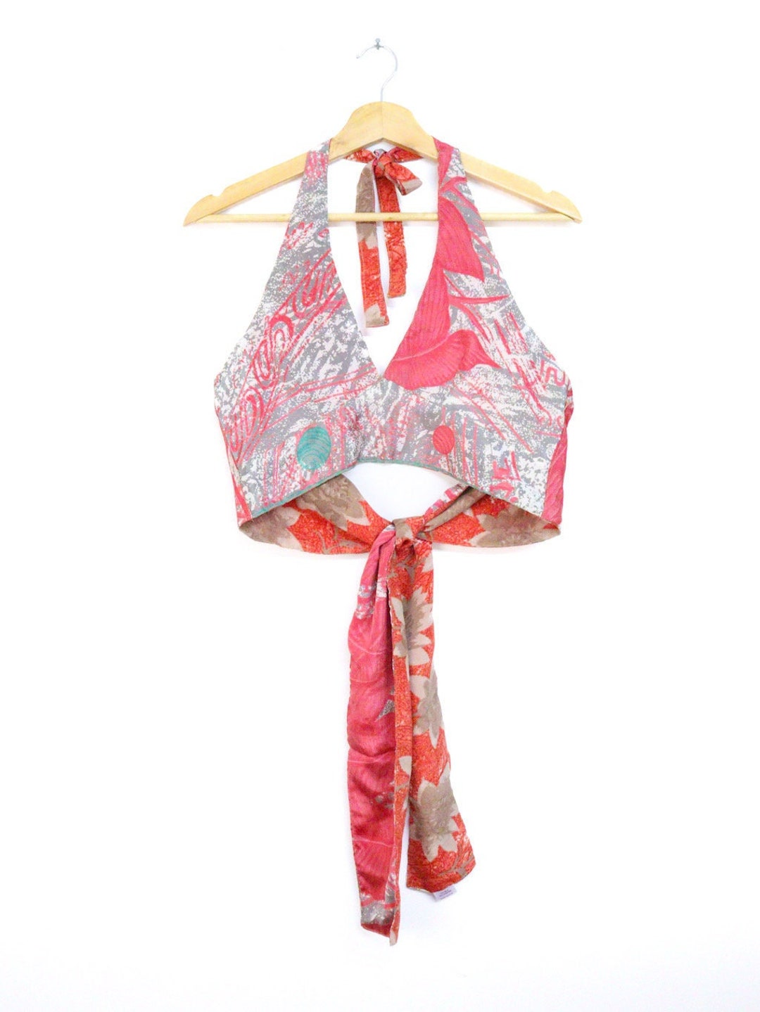 Reversible Cropped Halter Top Recycled Upcycled Sari Silk - Pink / Red ...