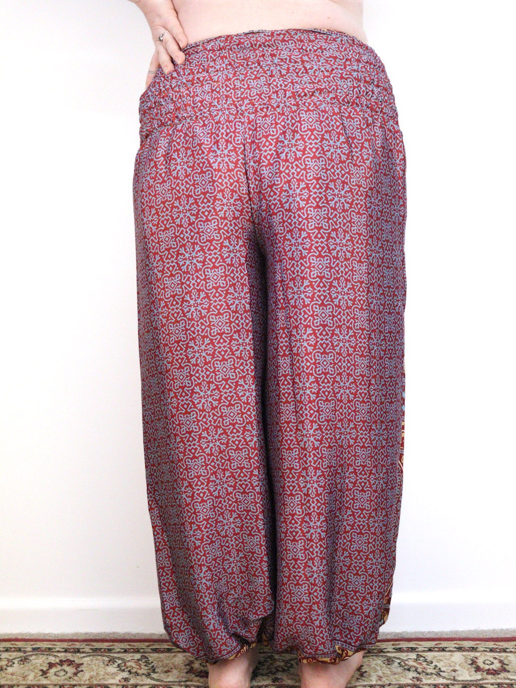 Recycled Sari Fabric Loose Fit Trousers - Red and Blue Pattern ...