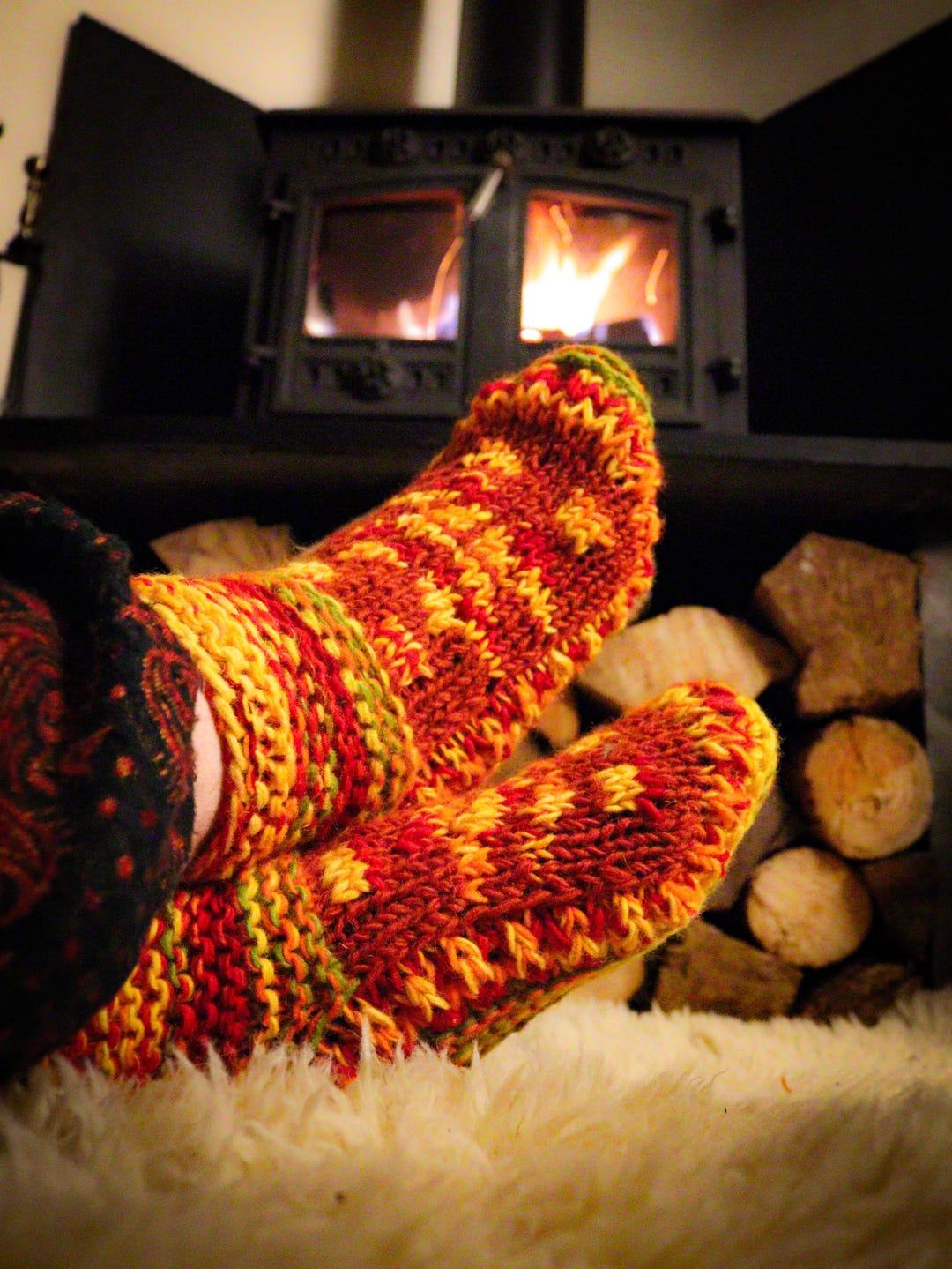 Fleece Lined Slipper Socks Ankle Length Knitted Wool Warm Adult Booties ...