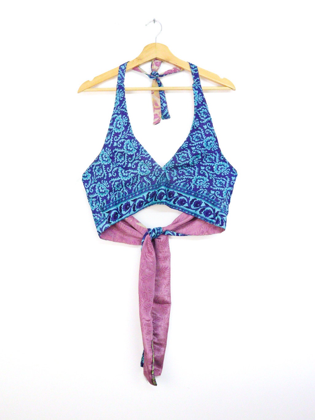Reversible Cropped Halter Top Recycled Upcycled Sari Silk - Pink / Blue ...