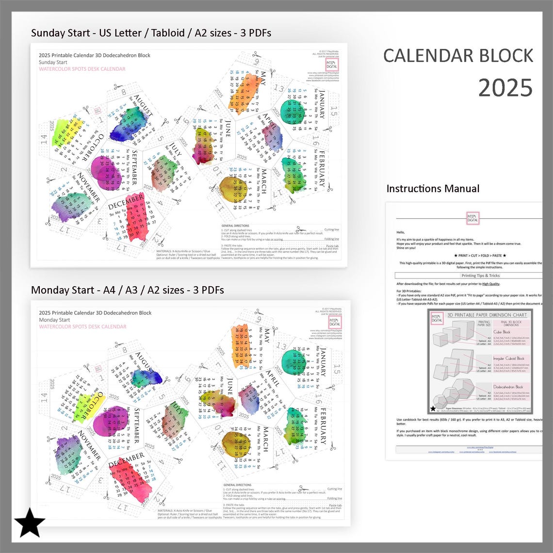 Printable Calendar 2025, Watercolor Desk Calendar, 3D Papercraft Block ...
