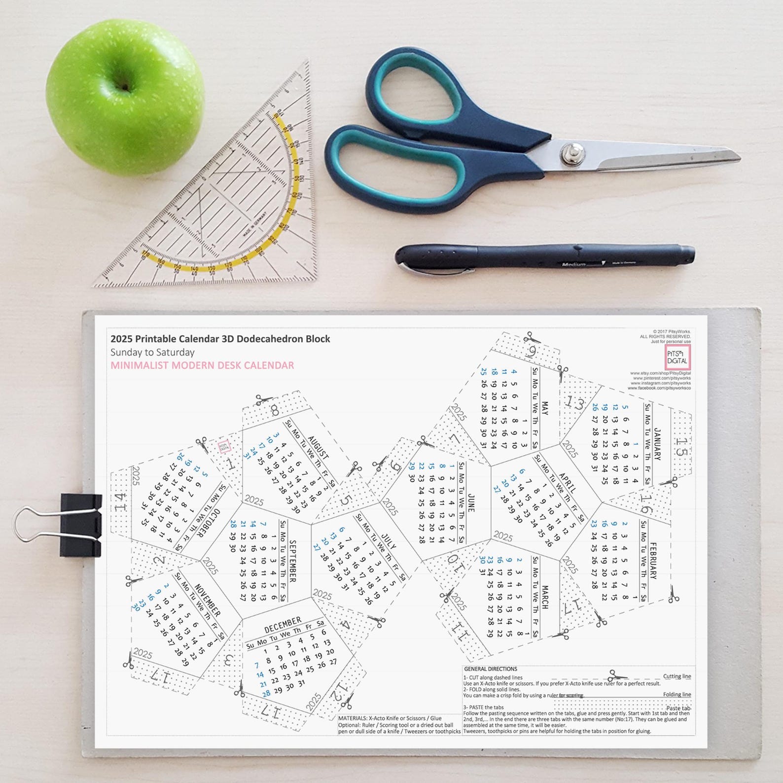 Printable Calendar 2025, Dodecahedron Desk Calendar, Modern Calendar ...