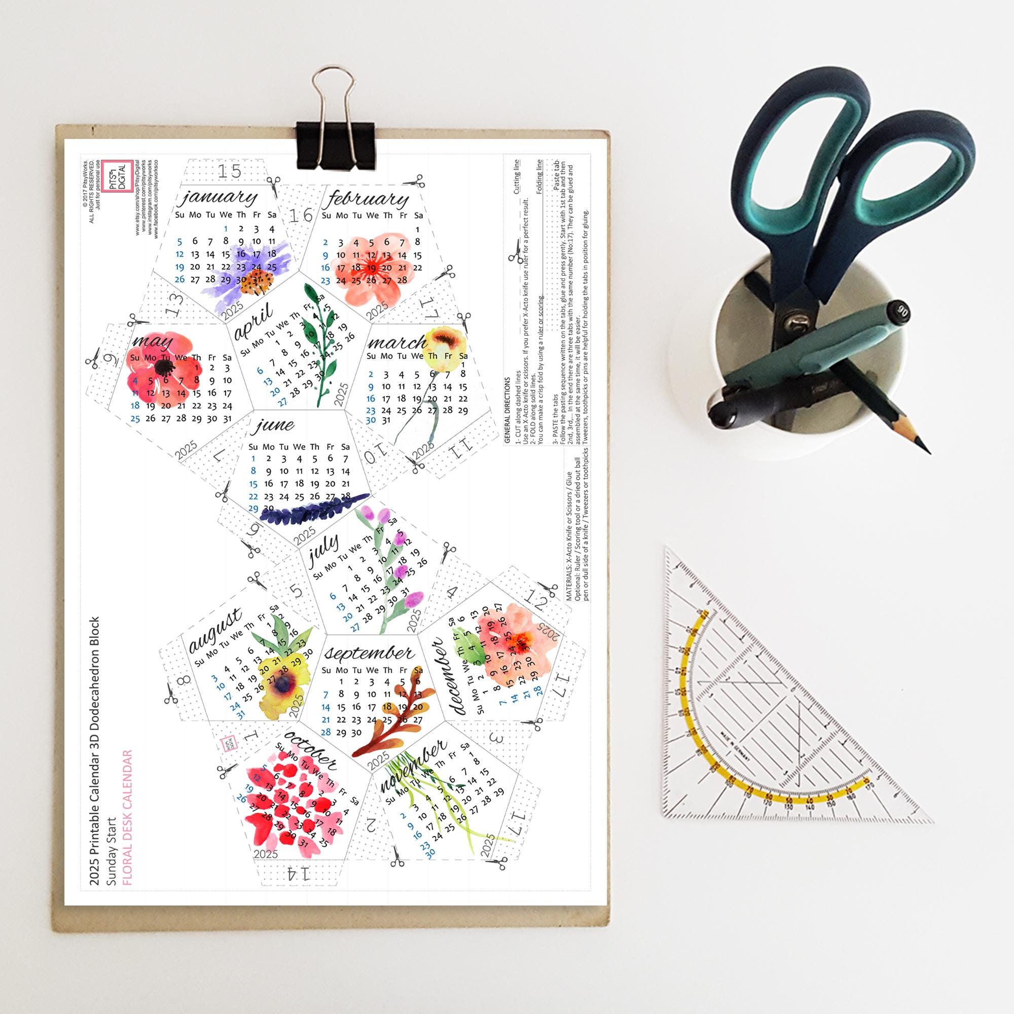 Floral Printable Calendar 2025, Watercolor Desk Calendar, Flower ...