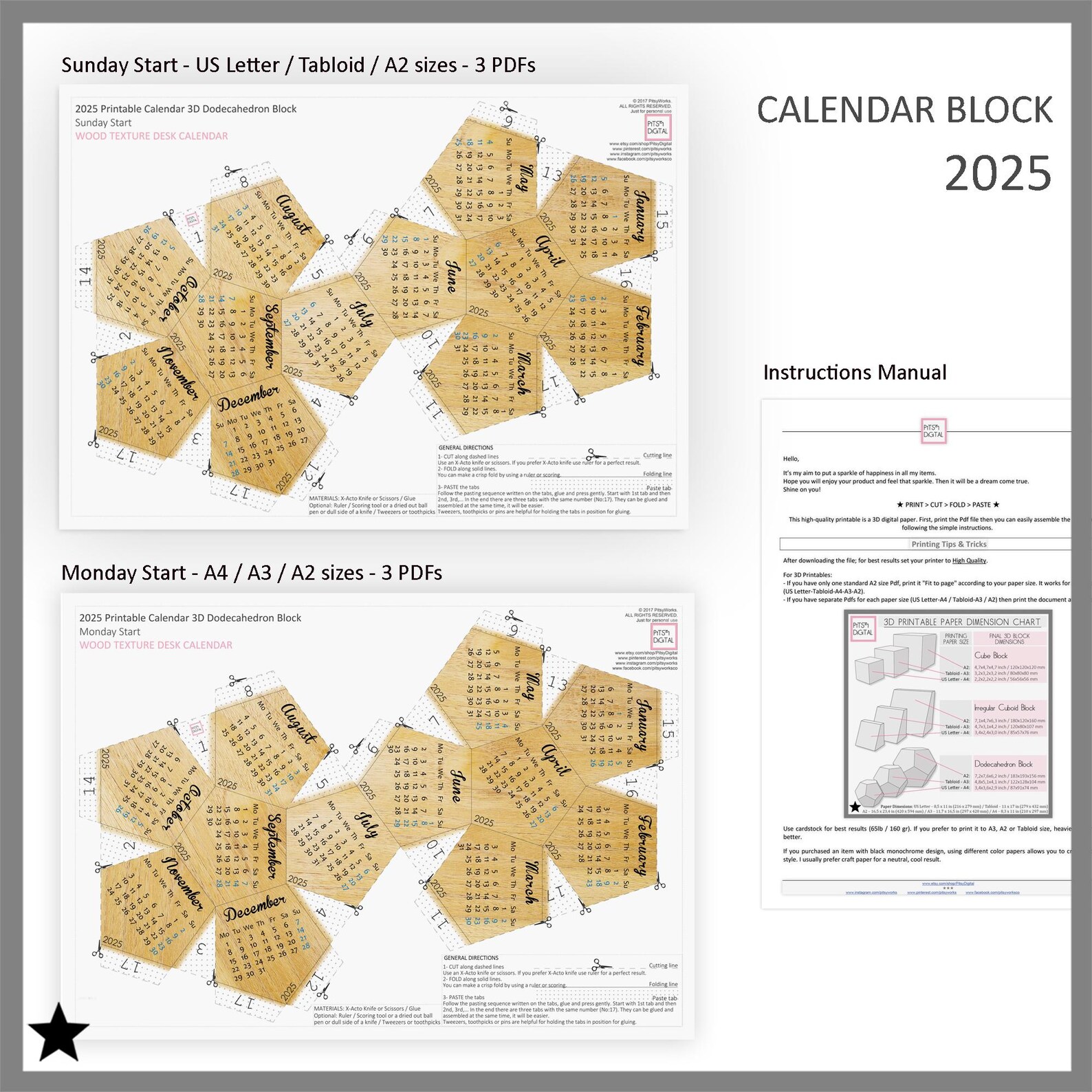 2025 Printable Wood Texture Desk Calendar, Dodecahedron Block Design ...