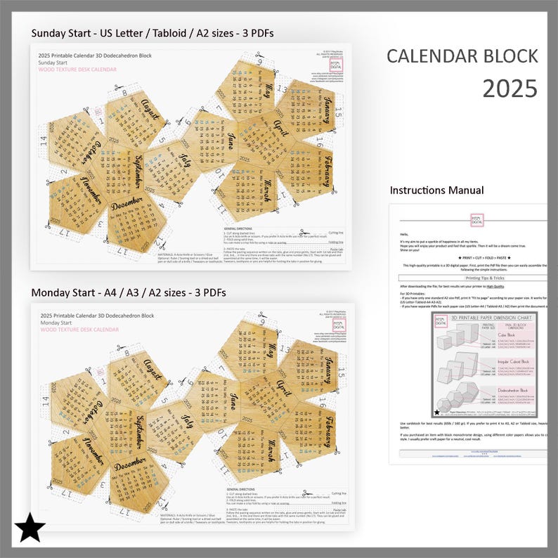 2025 Printable Wood Texture Desk Calendar, Dodecahedron Block Design ...
