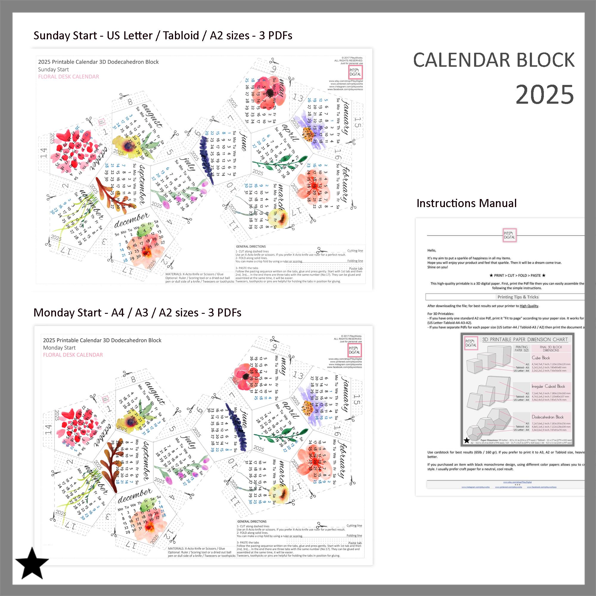 Floral Printable Calendar 2025, Watercolor Desk Calendar, Flower ...