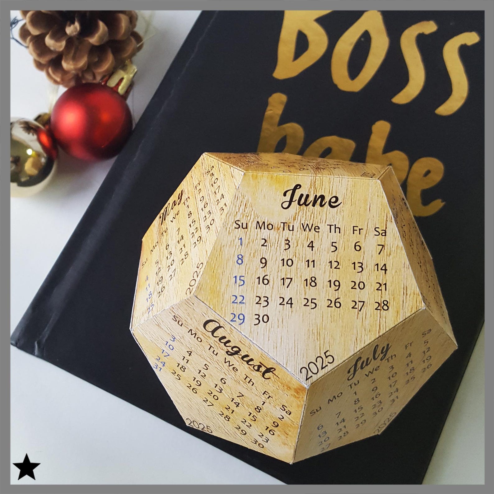 2025 Printable Wood Texture Desk Calendar, Dodecahedron Block Design ...