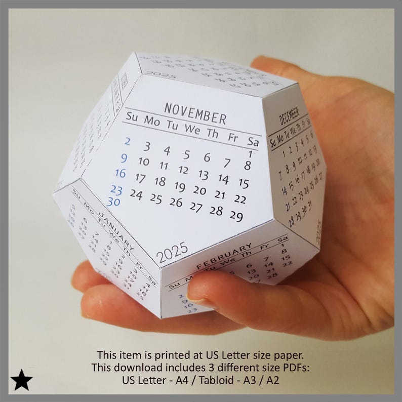 Printable Calendar 2025, Dodecahedron Desk Calendar, Modern Calendar ...
