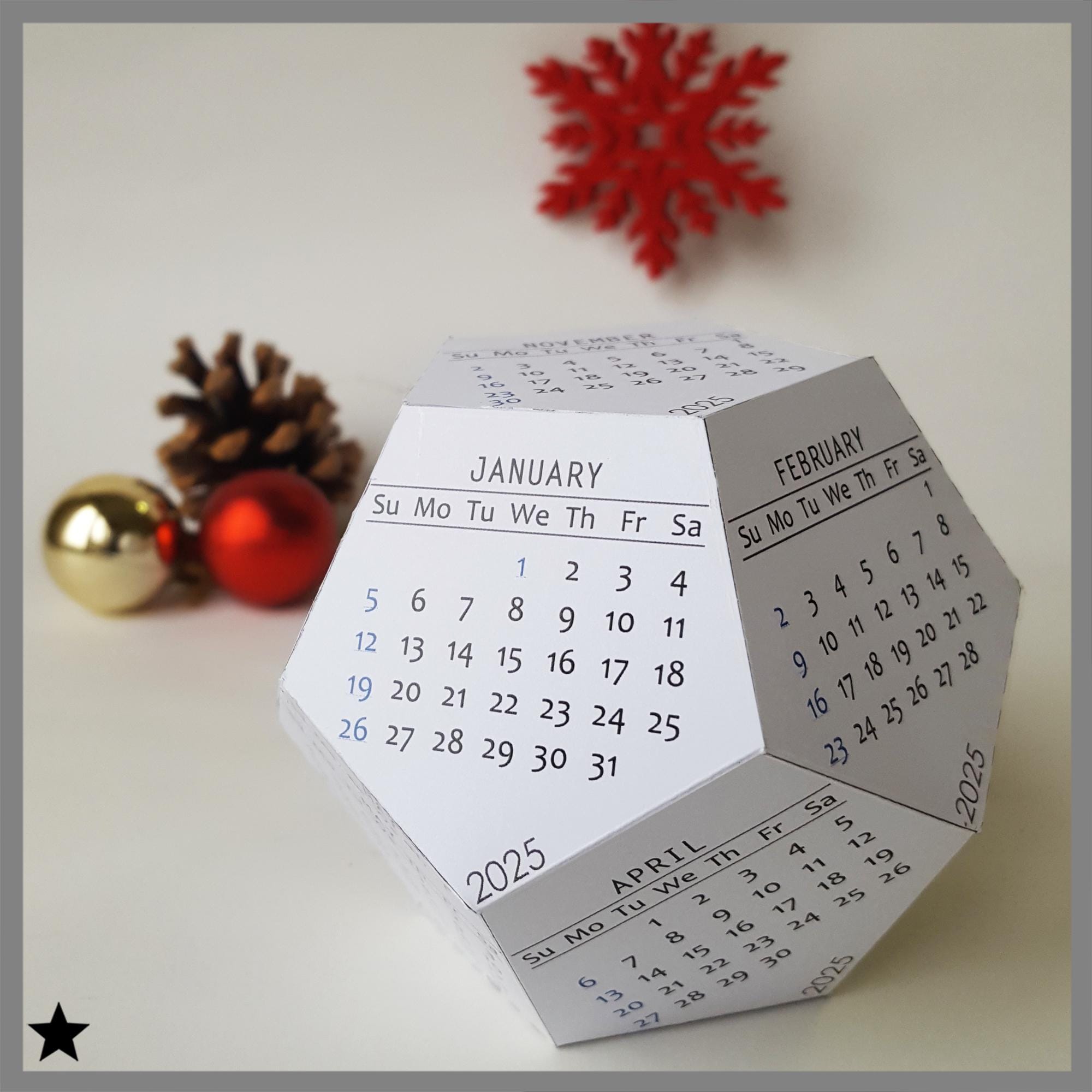 Printable Calendar 2025, Dodecahedron Desk Calendar, Modern Calendar ...