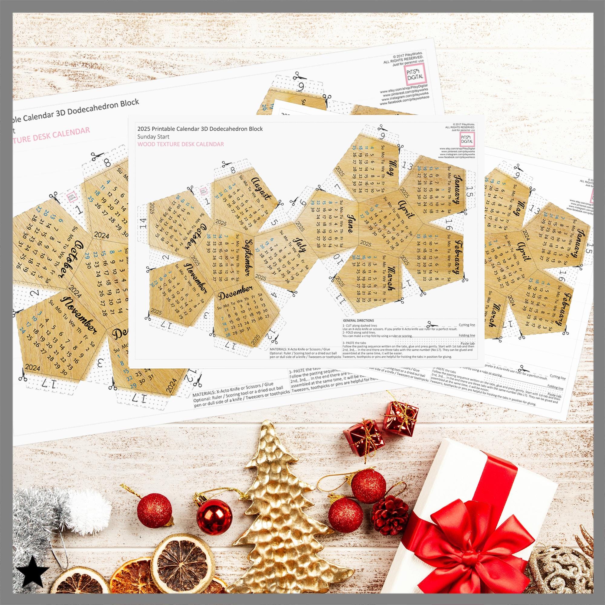 2025 Printable Wood Texture Desk Calendar, Dodecahedron Block Design ...