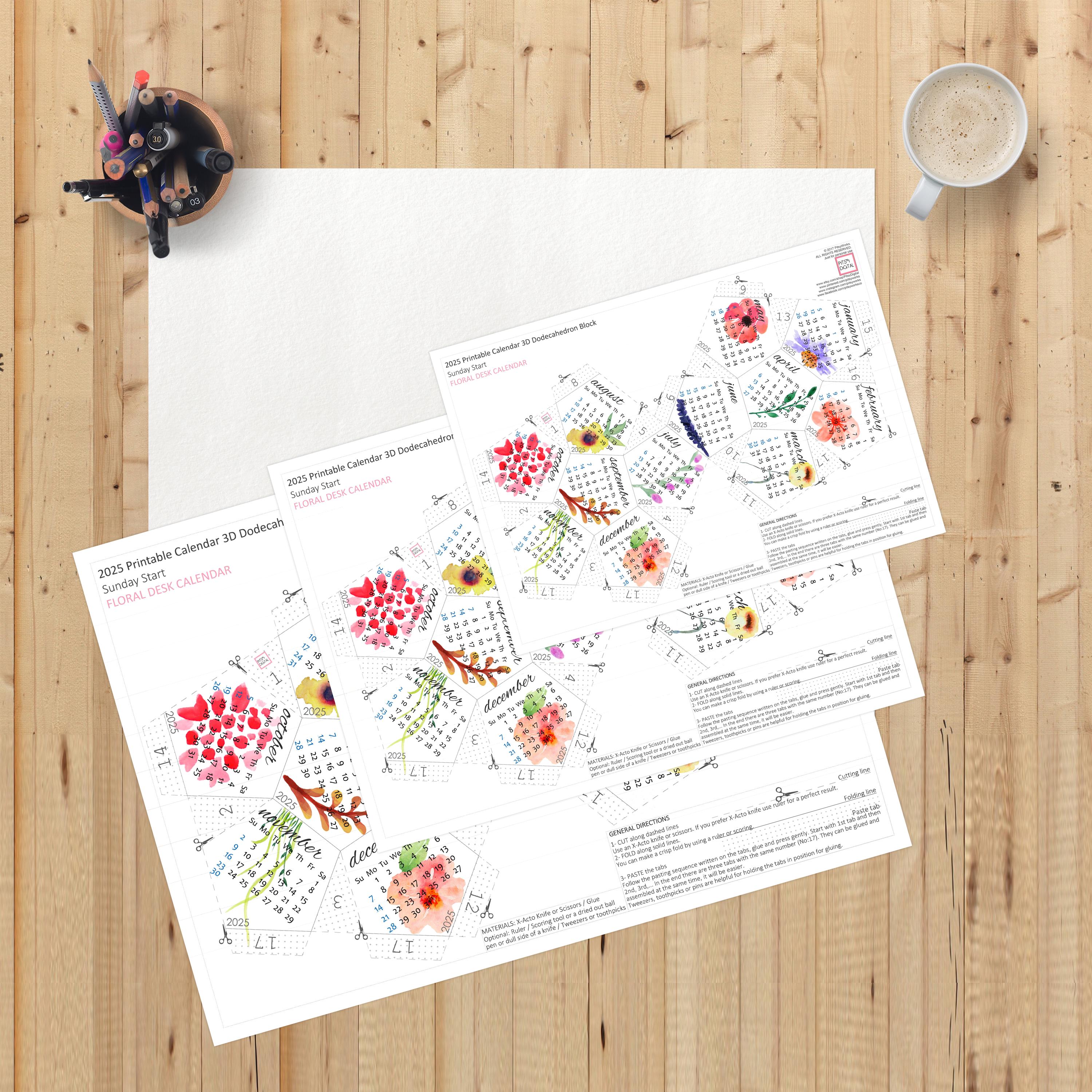 Floral Printable Calendar 2025, Watercolor Desk Calendar, Flower ...