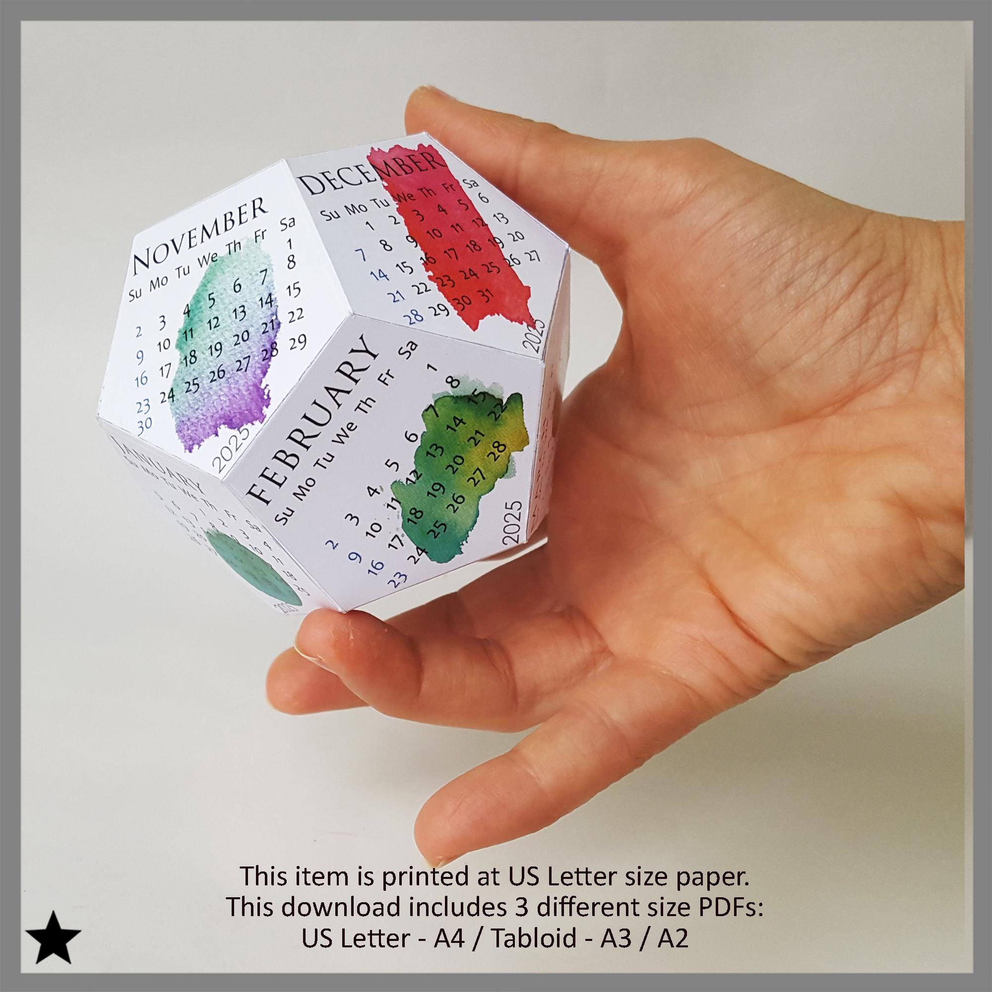Printable Calendar 2025, Watercolor Desk Calendar, 3D Papercraft Block ...