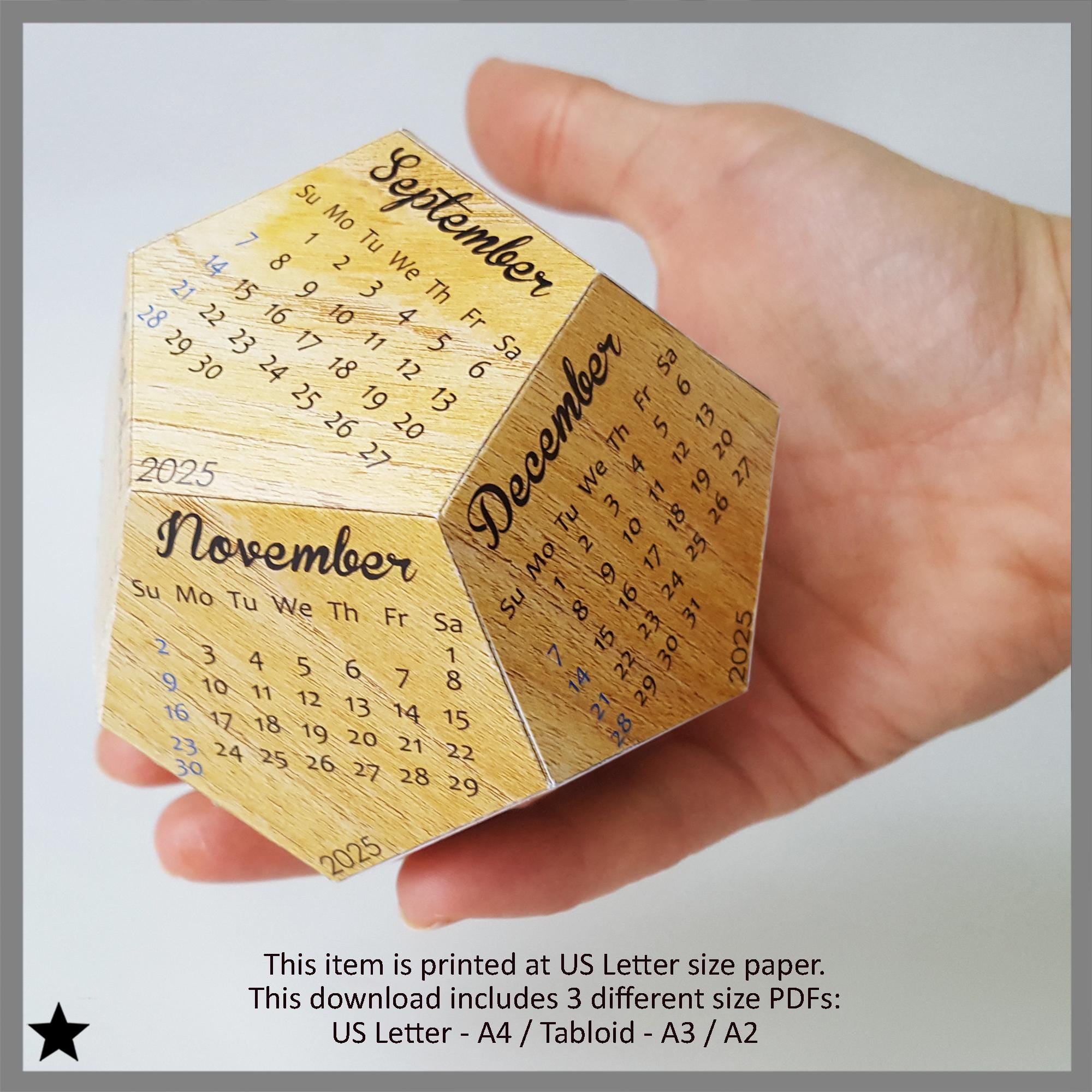 2025 Printable Wood Texture Desk Calendar, Dodecahedron Block Design ...