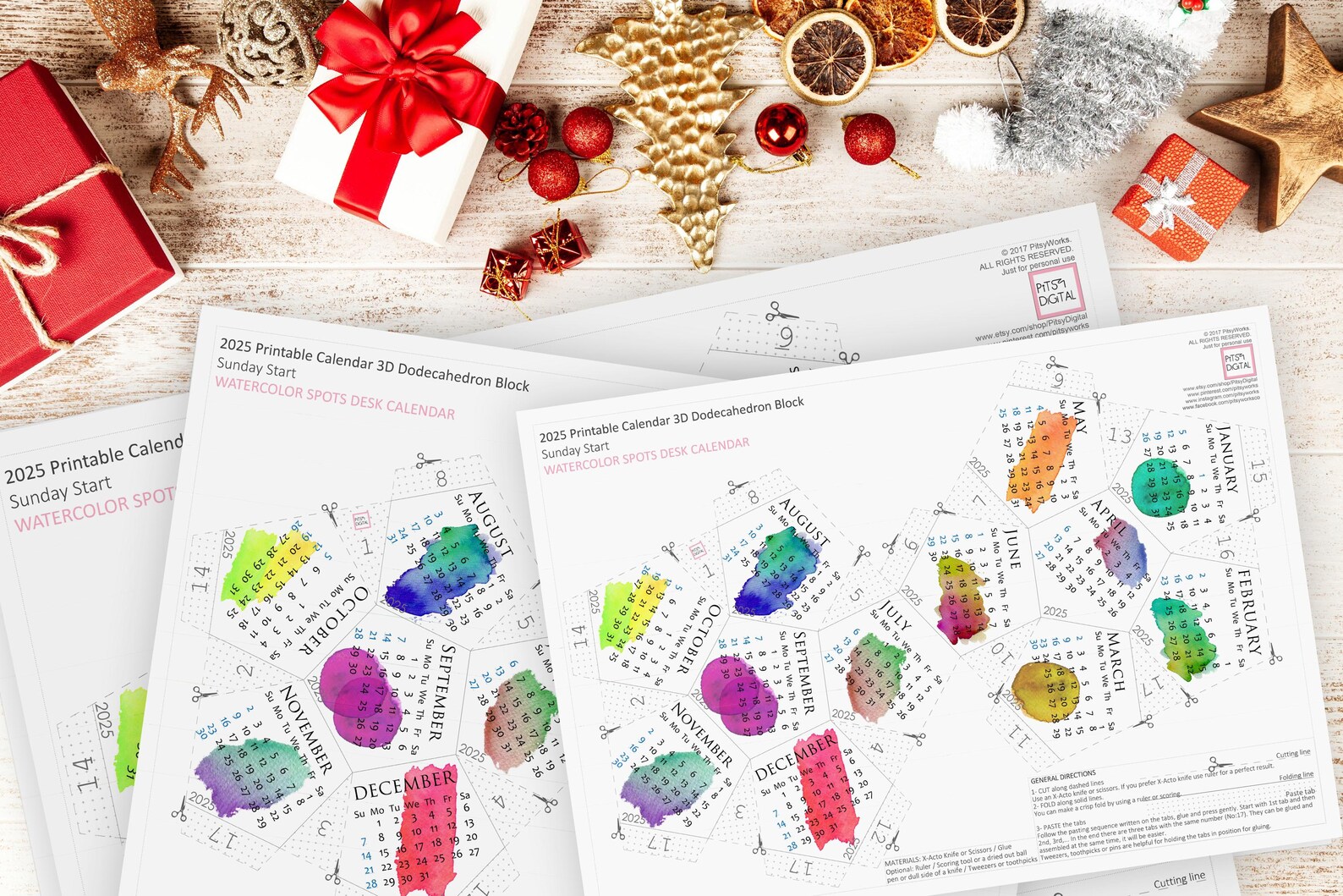 Printable Calendar 2025, Watercolor Desk Calendar, 3D Papercraft Block ...