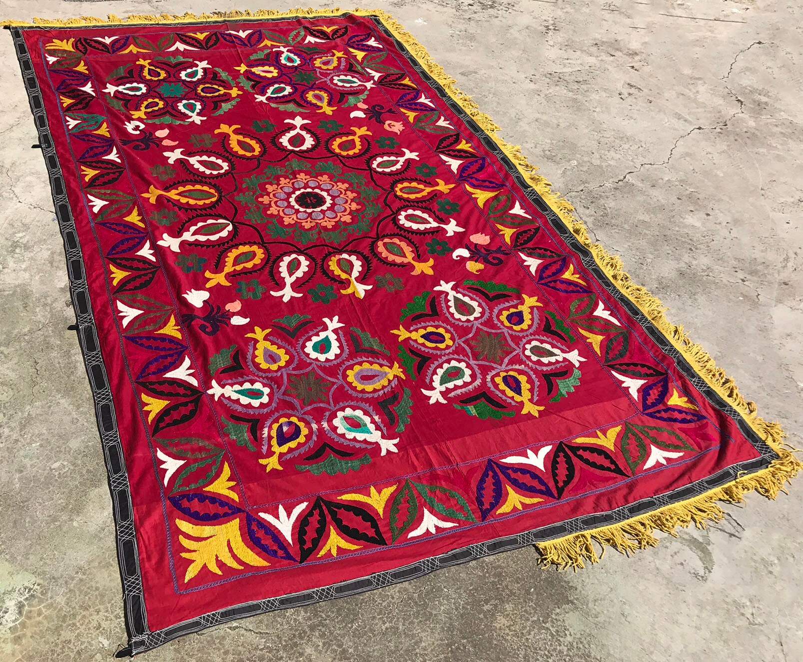 SUZANI WALL HANGING Red Suzani Bedspread With Yellow Tassel - Etsy