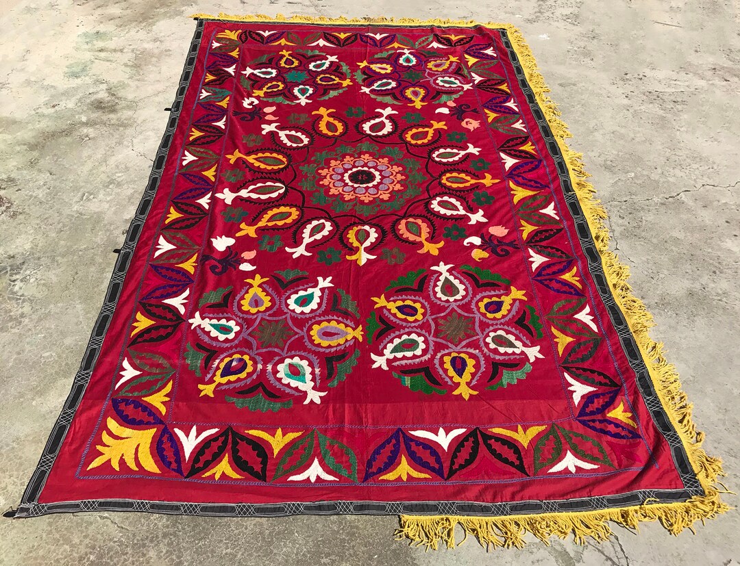 SUZANI WALL HANGING - Red Suzani Bedspread With Yellow Tassel ...