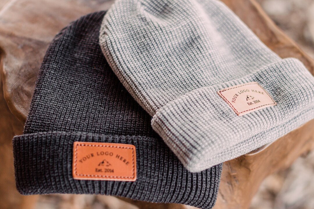 6 Custom Leather Patch Beanies Women & Children's Ribbed Cuffed Knit ...