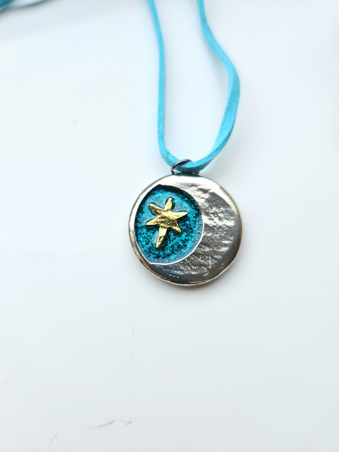 Moon and Star, Blue Enamel, Round Pewter Pendant. - Etsy