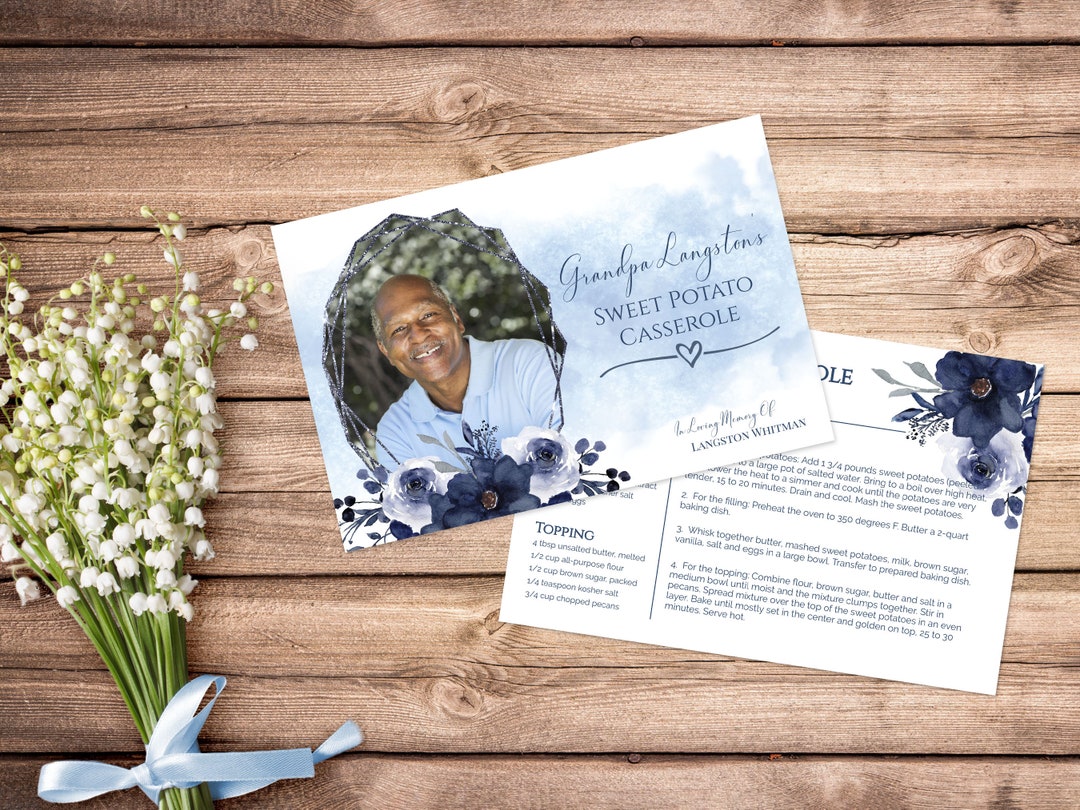 Editable Navy Blue Funeral Recipe Card - Celebration of Life Recipe ...