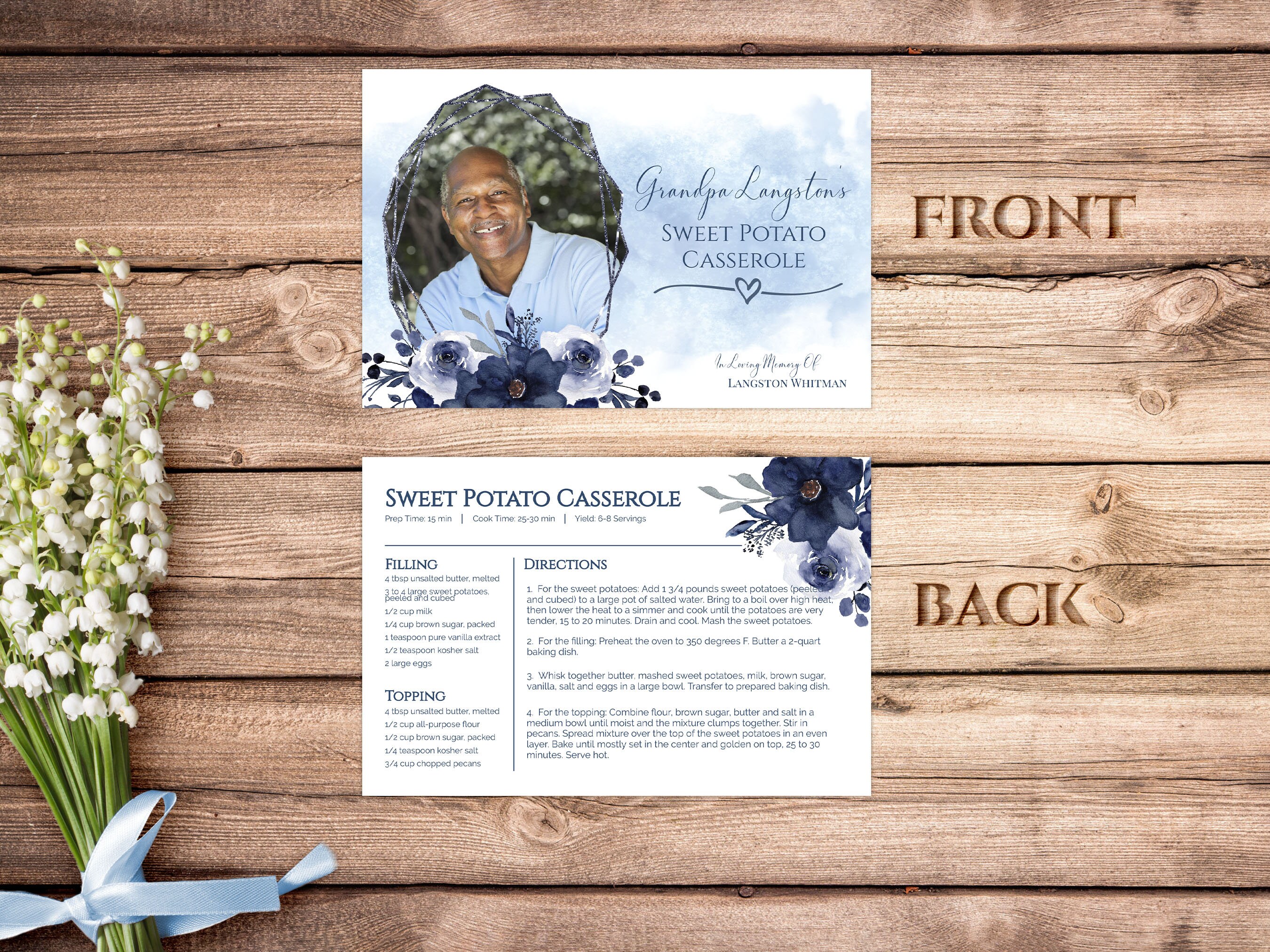 Editable Navy Blue Funeral Recipe Card - Celebration of Life Recipe ...