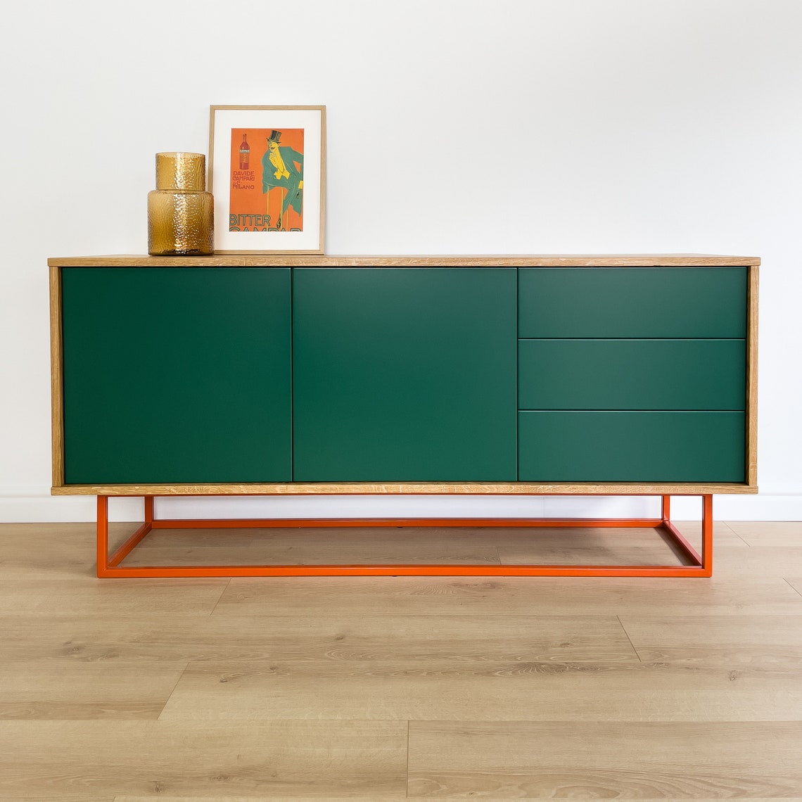 Natural Oak Sideboard With Green Doors and Orange Base - Etsy UK