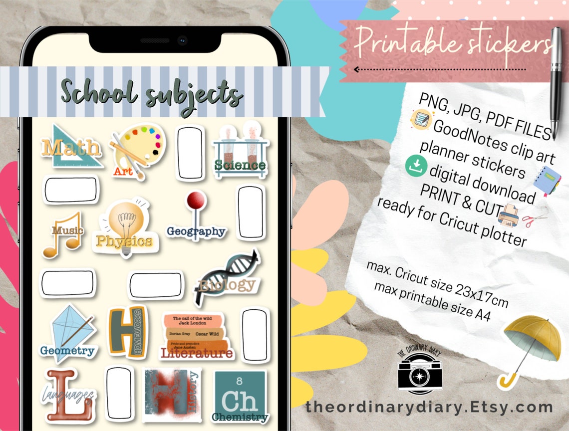 School Subjects PRINTABLE STICKERS, Sticker Aesthetic, Digital Planner ...