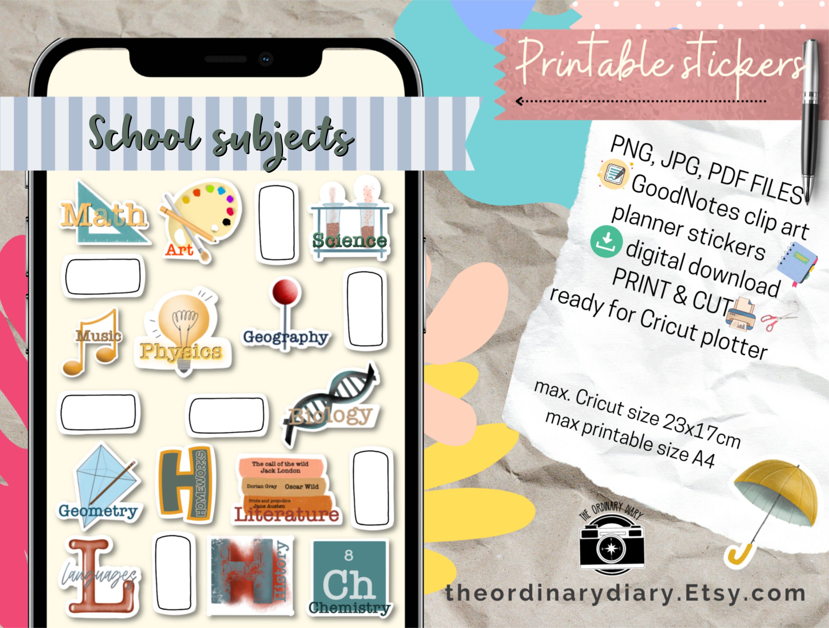 School Subjects PRINTABLE STICKERS, Sticker Aesthetic, Digital Planner ...