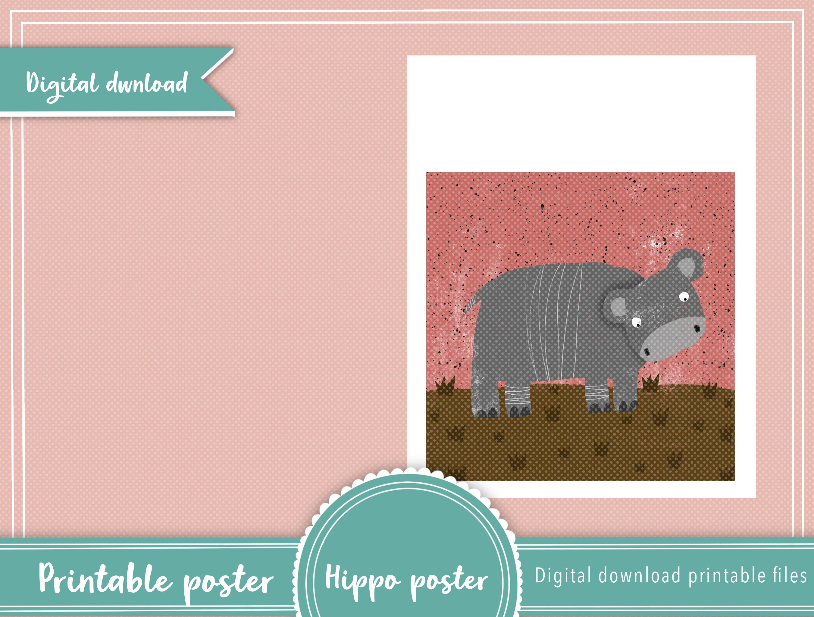 Hippo Printable POSTER, Original Design, Children Room, Poster Art ...