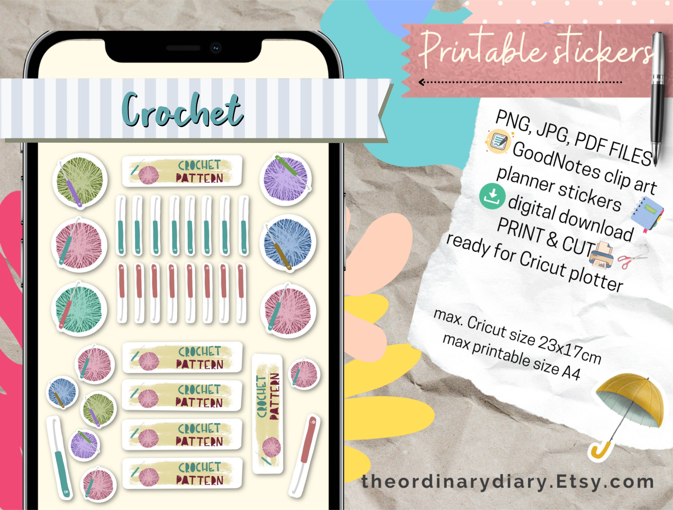 Crochet , Crochet Printable Stickers, Sticker Sheet, Hand Cut Cricut ...