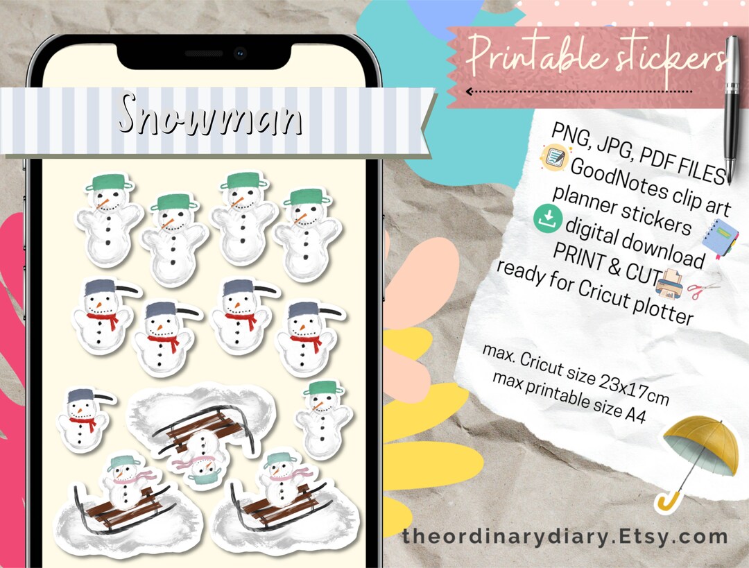 Snowman Printable Stickers Sticker Sheet Hand Cut Cricut - Etsy