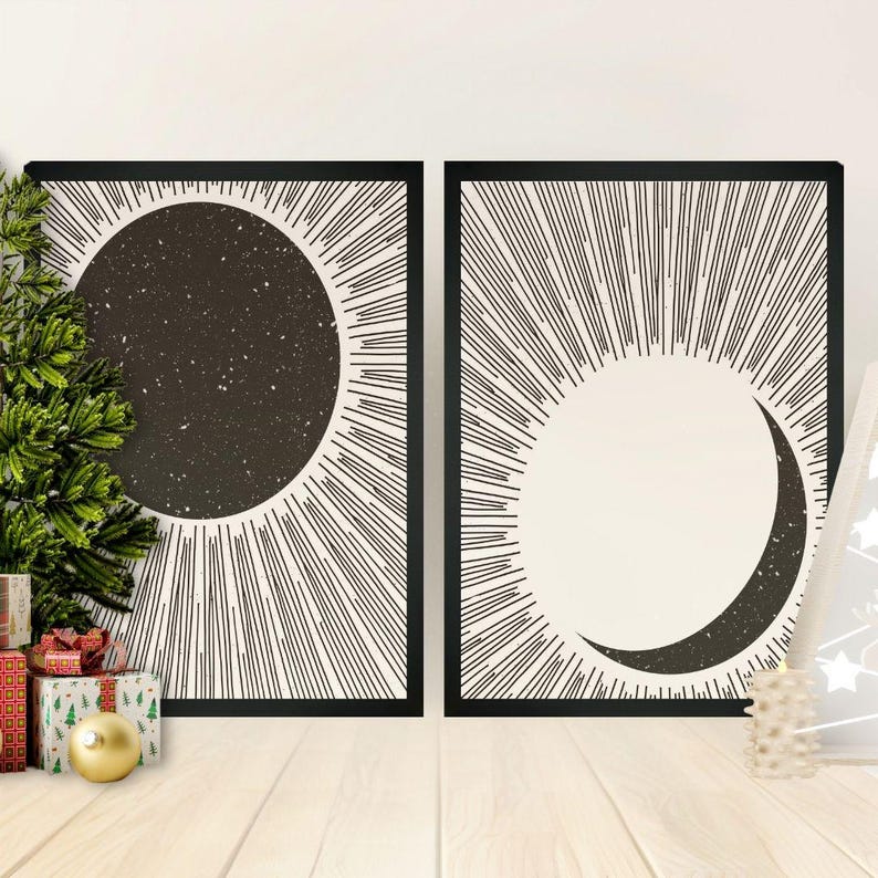Sun and Moon Wall Art, Printable Set of 2 Prints, Abstract Sun Moon ...