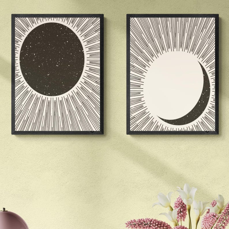 Sun and Moon Wall Art, Printable Set of 2 Prints, Abstract Sun Moon, Modern Art Print ...