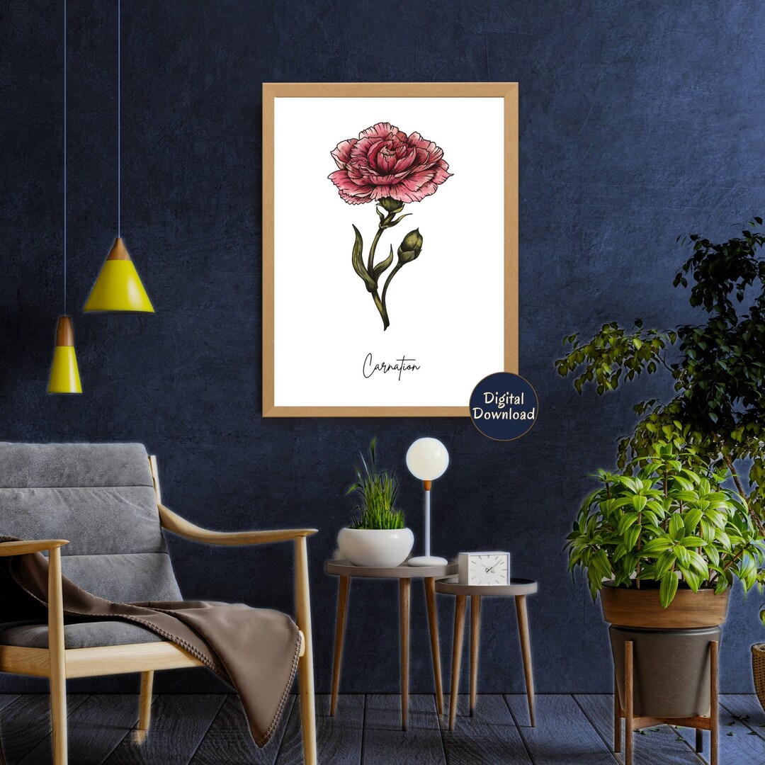 Hand-drawn Pink Carnation Wall Art Print Botanical Floral Illustration ...