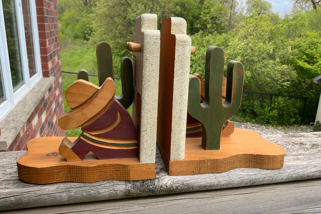 Handmade Bookends, Southwestern Decor, Cactus, Wood, Shelf Decor ...