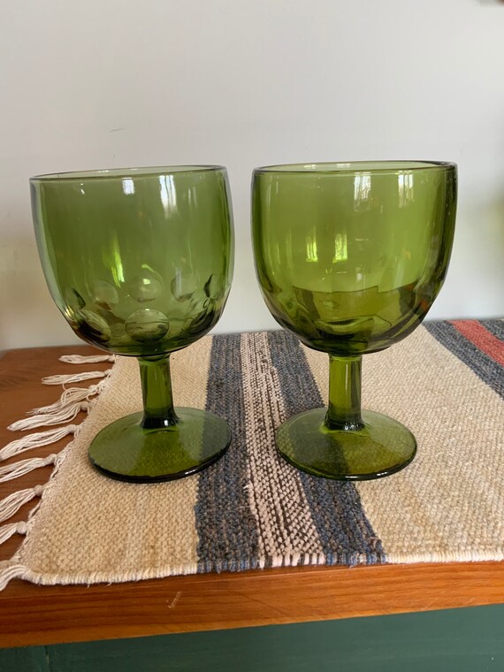 Mid Century Drinking Glasses Set of 2 Green Wine Glasses | Etsy