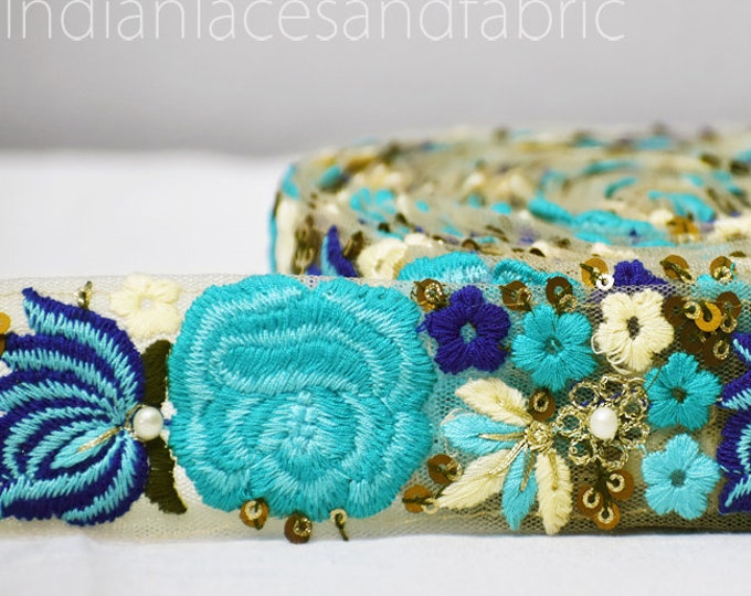 9 Yard Turquoise Blue Embroidered Trim Decorative Embellishment Indian ...