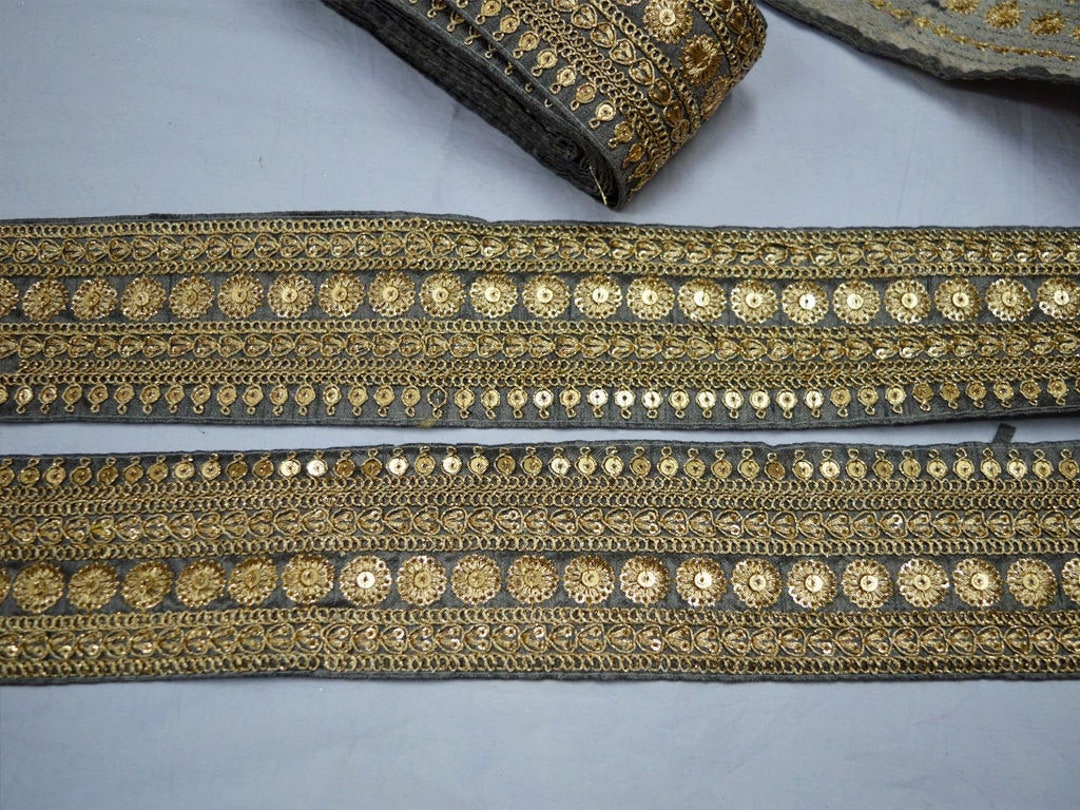 Grey Decorative Indian Sari Border by 3 Yard Saree Embroidered Ribbon Sewing Fabric Trim ...